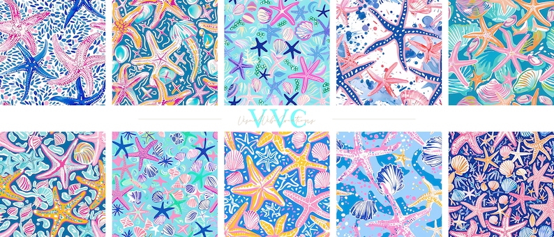 Preppy Starfish & Shells Digital Paper, 10 Seamless Patterns for ...