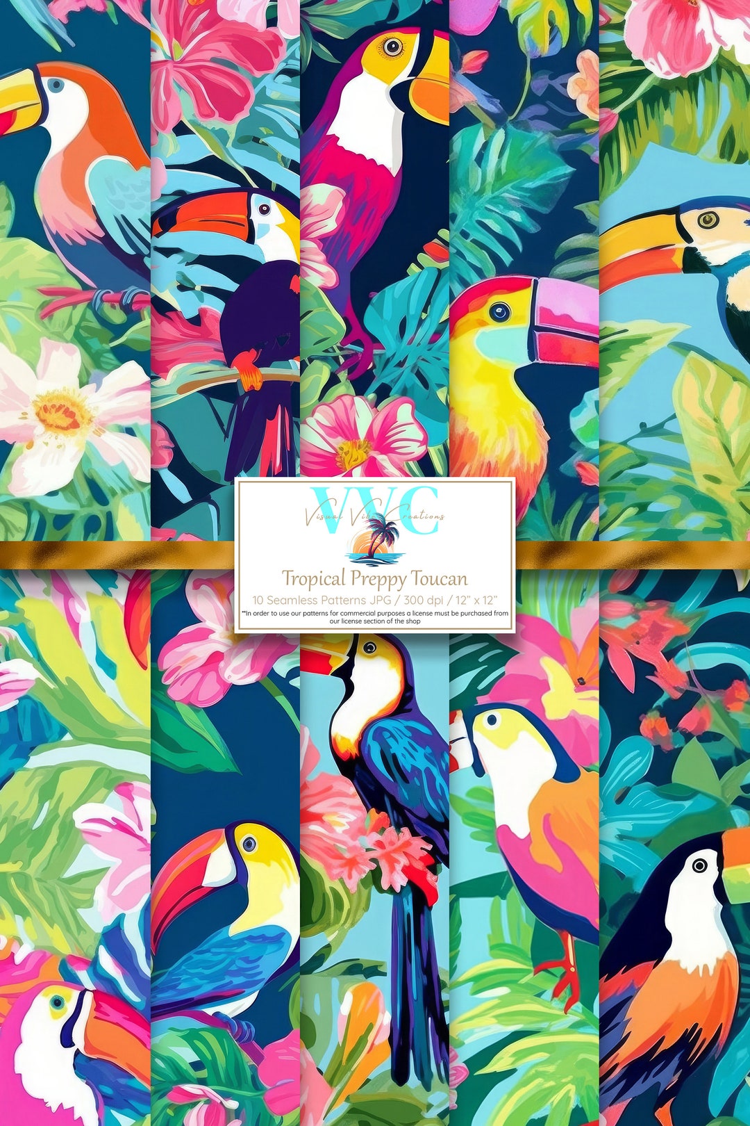 Tropical Preppy Toucan Digital Paper, 10 Seamless Floral Patterns for ...