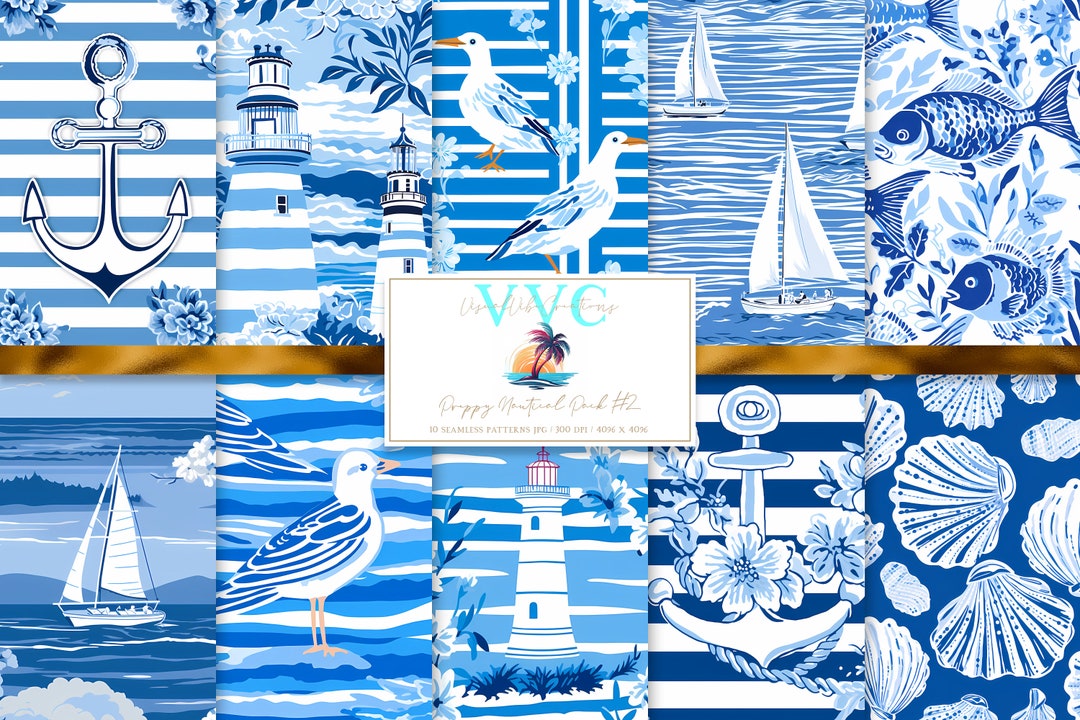 Preppy Nautical Pack #2 Digital Paper, 10 Seamless Patterns for ...