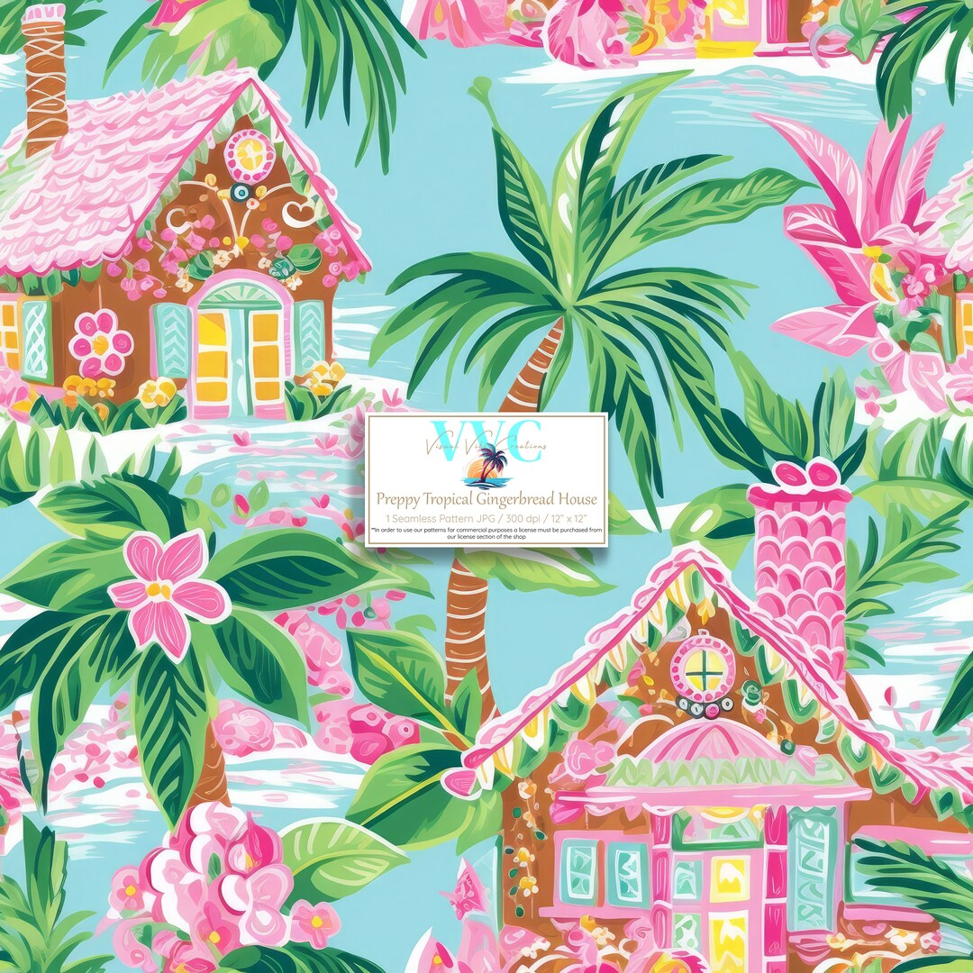 Preppy Tropical Gingerbread House Digital Paper, 1 Seamless Pattern for ...