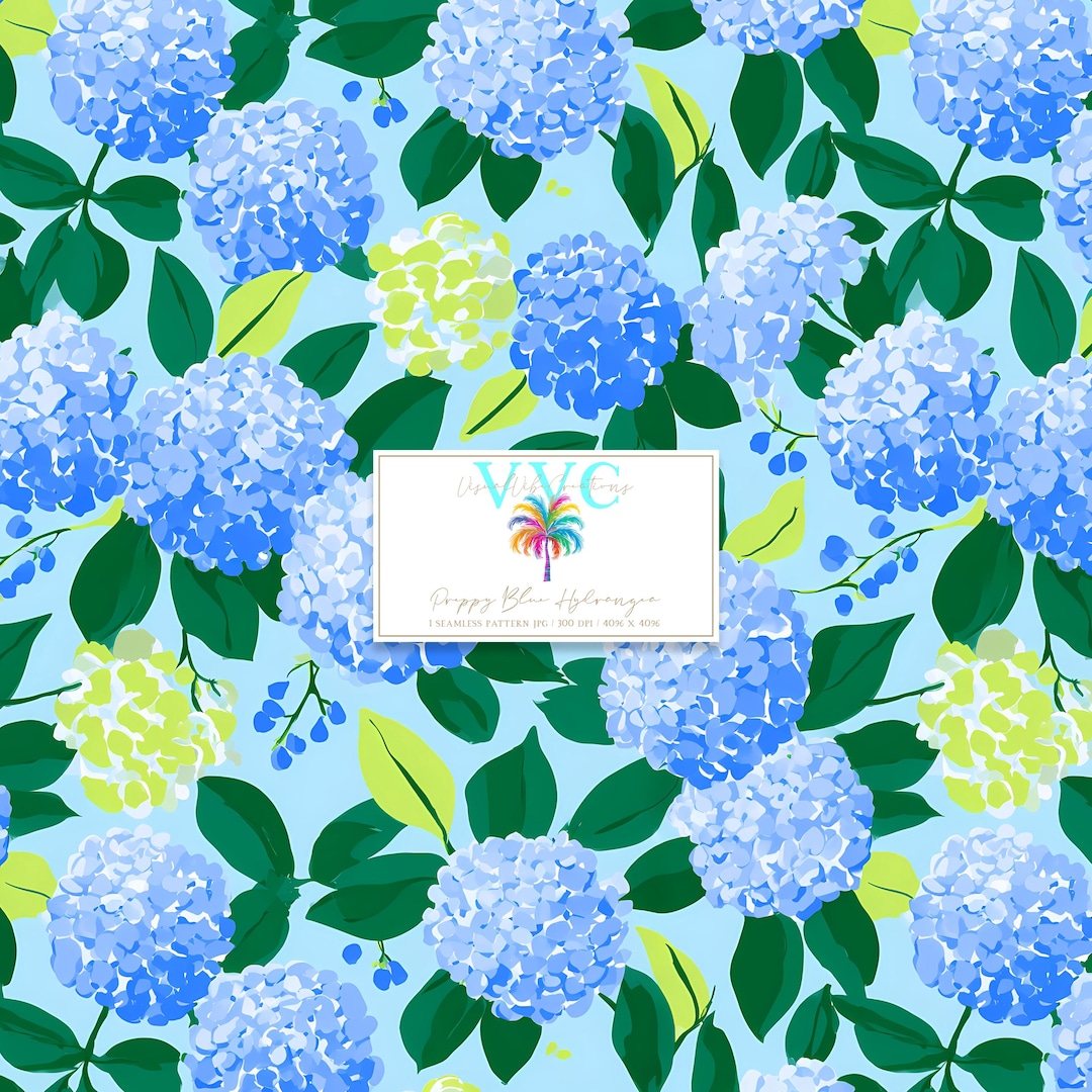 Preppy Blue Hydrangea, 1 Seamless Pattern, Hydrangea Floral Design ...