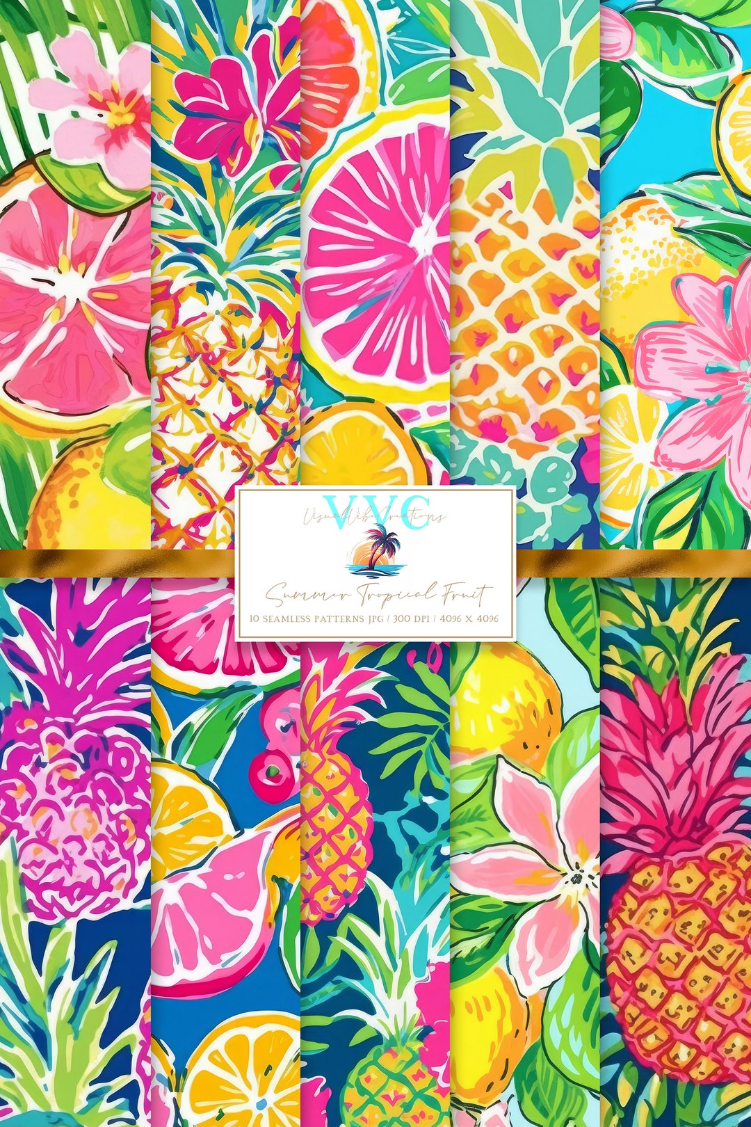 Summer Tropical Fruit Digital Paper, 10 Seamless Preppy Patterns for ...