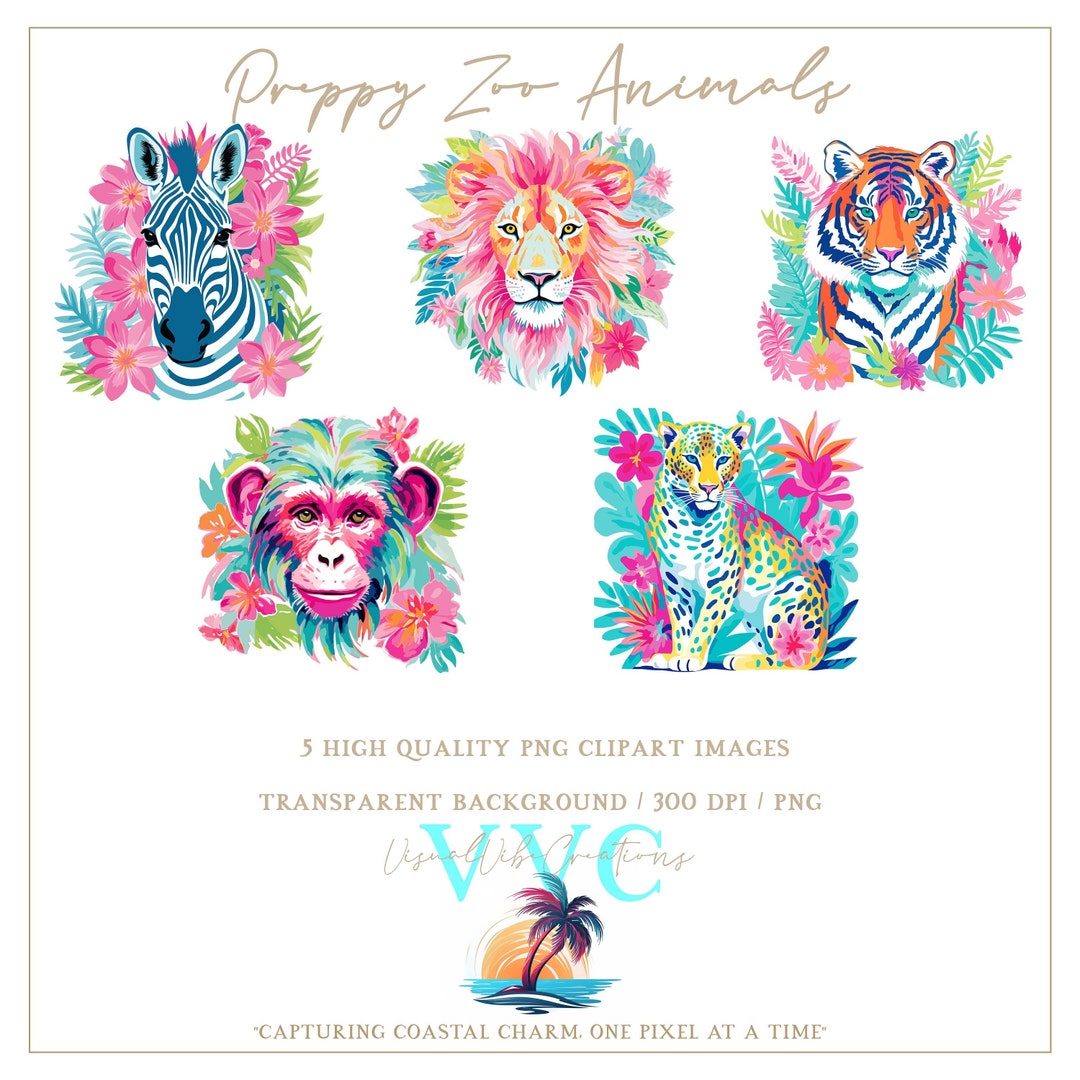 Preppy Zoo Animals Clipart Pack of 5 - Transparent Background in PNG ...