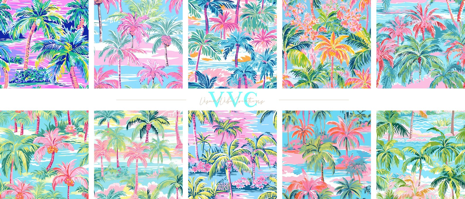 Preppy Palm Trees Digital Paper, 10 Seamless Preppy Floral Patterns for ...