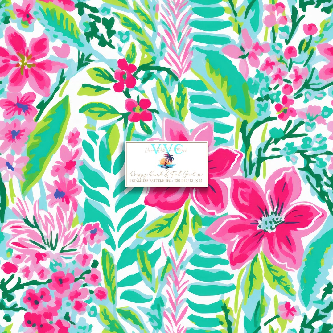 Preppy Pink & Teal Garden Digital Paper, 1 Seamless Tropical Pattern ...