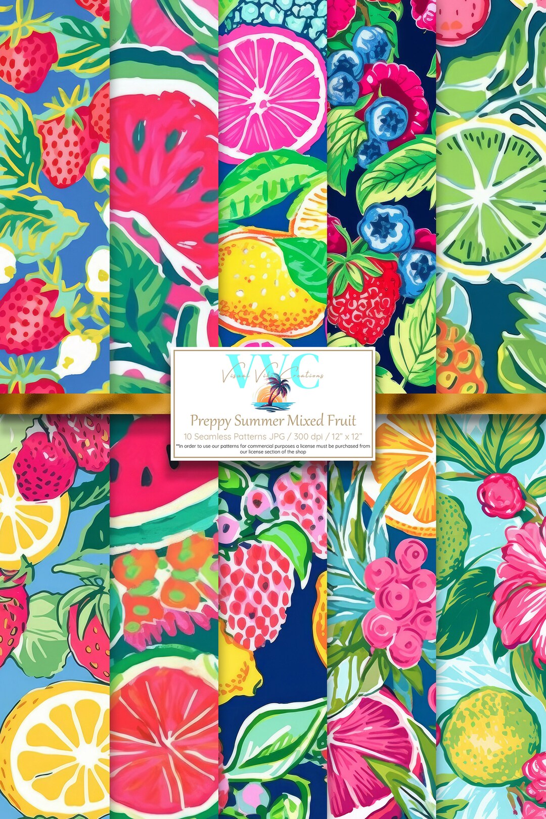 Preppy Summer Mixed Fruit Digital Paper, 10 Seamless Preppy Patterns ...