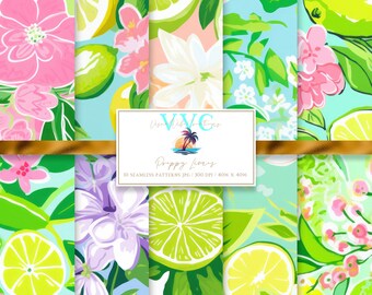 Preppy Summer Citrus Digital Paper, 10 Seamless Preppy Patterns for ...