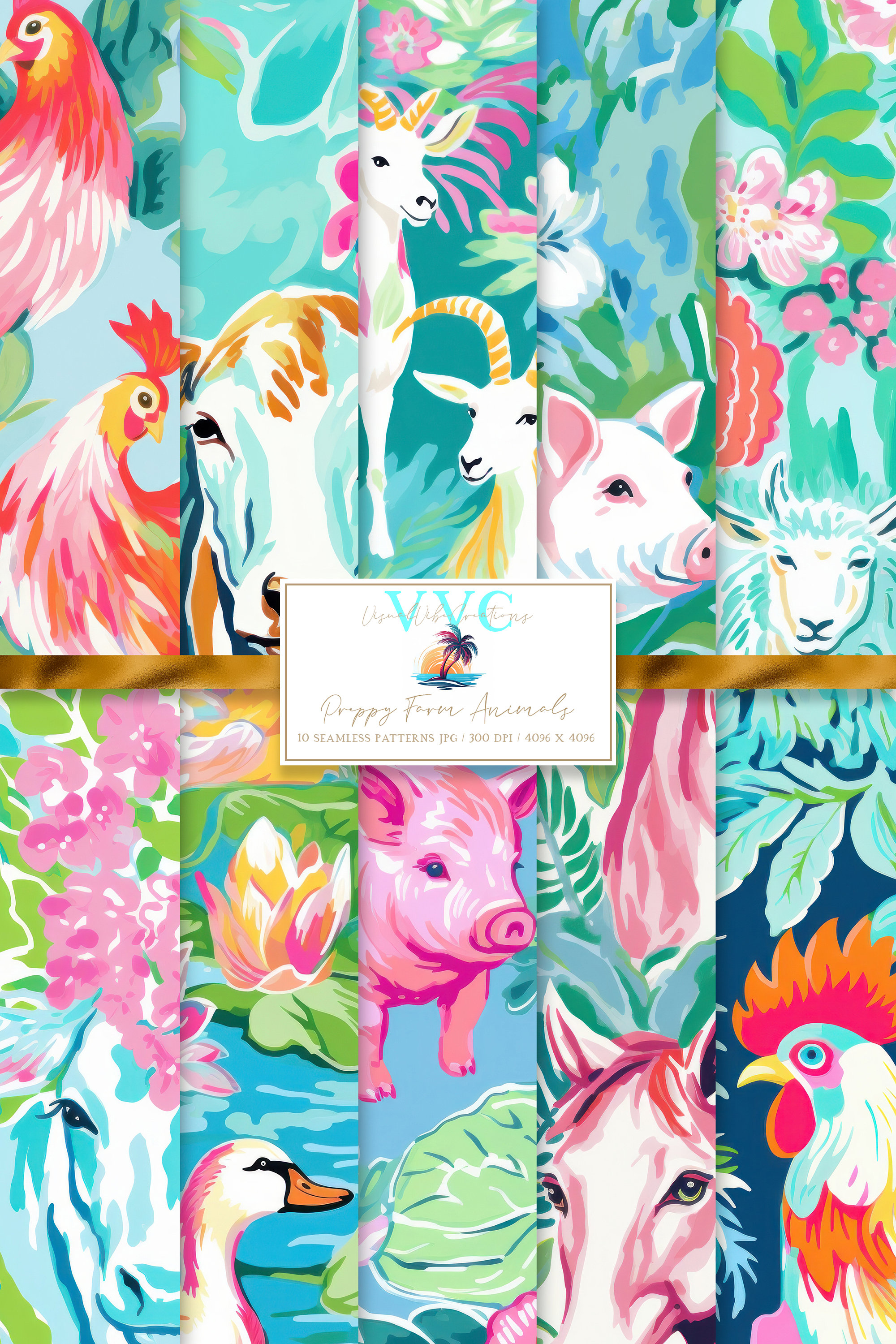 Preppy Farm Animals Digital Paper, 10 Seamless Patterns for Printable ...