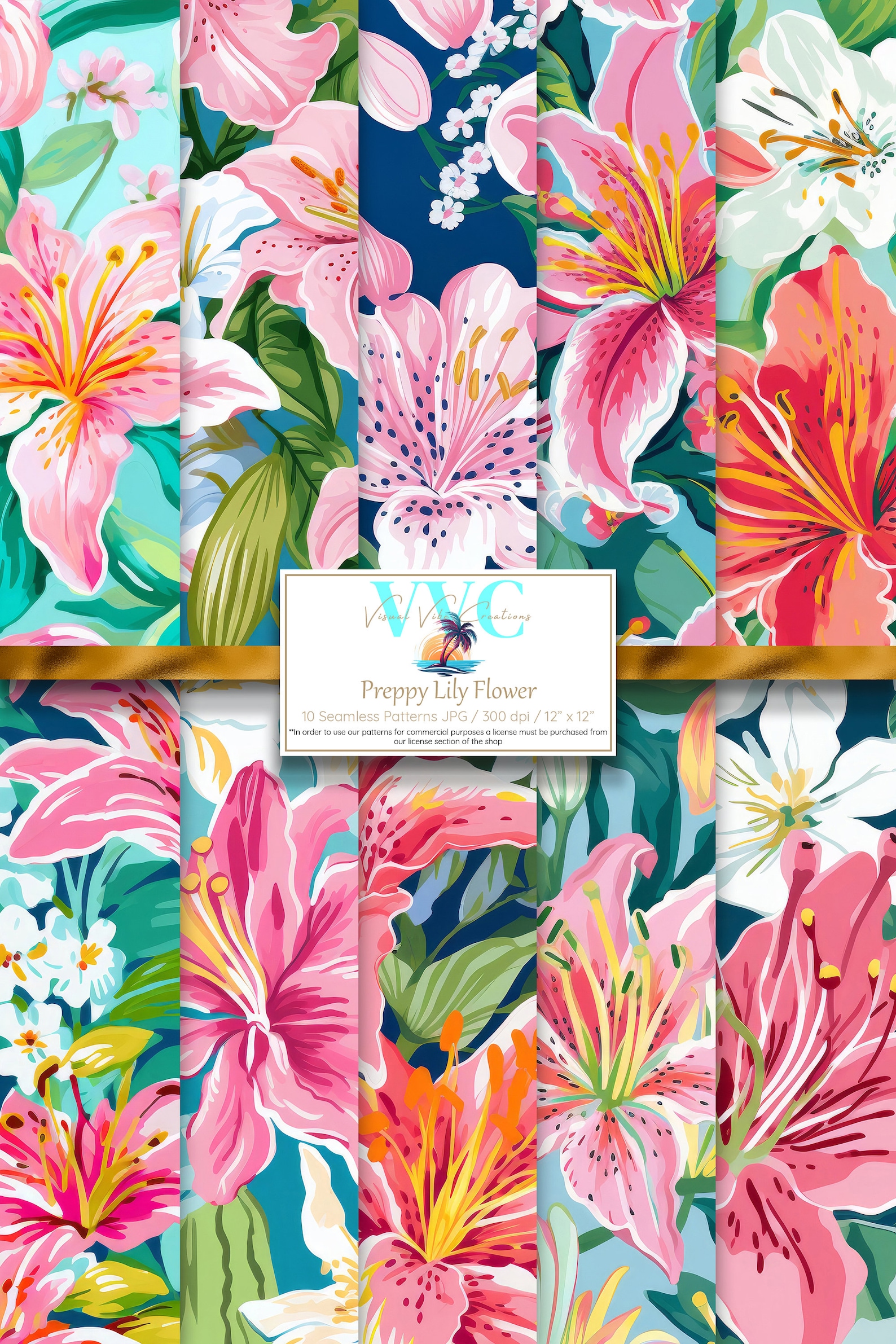 Preppy Lily Flower Digital Paper, 10 Seamless Patterns for Printable ...