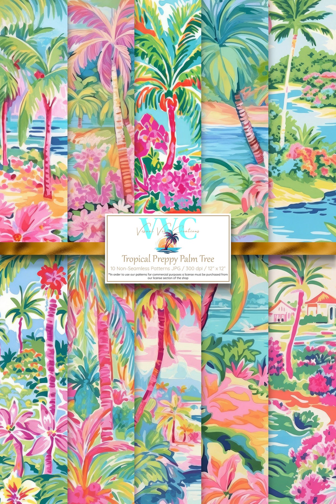 Tropical Preppy Palm Tree, 10 Non-seamless Colorful Digital Papers ...