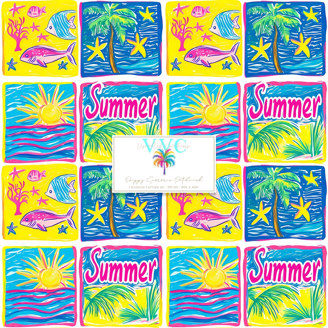 Preppy Summer Patchwork Seamless Pattern, Tropical Beach Fish Palm Sun ...