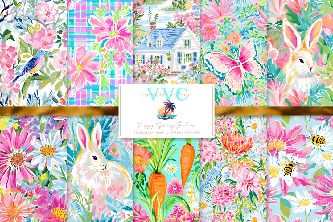 Preppy Spring Garden Digital Paper, 10 Seamless Patterns for Printable ...