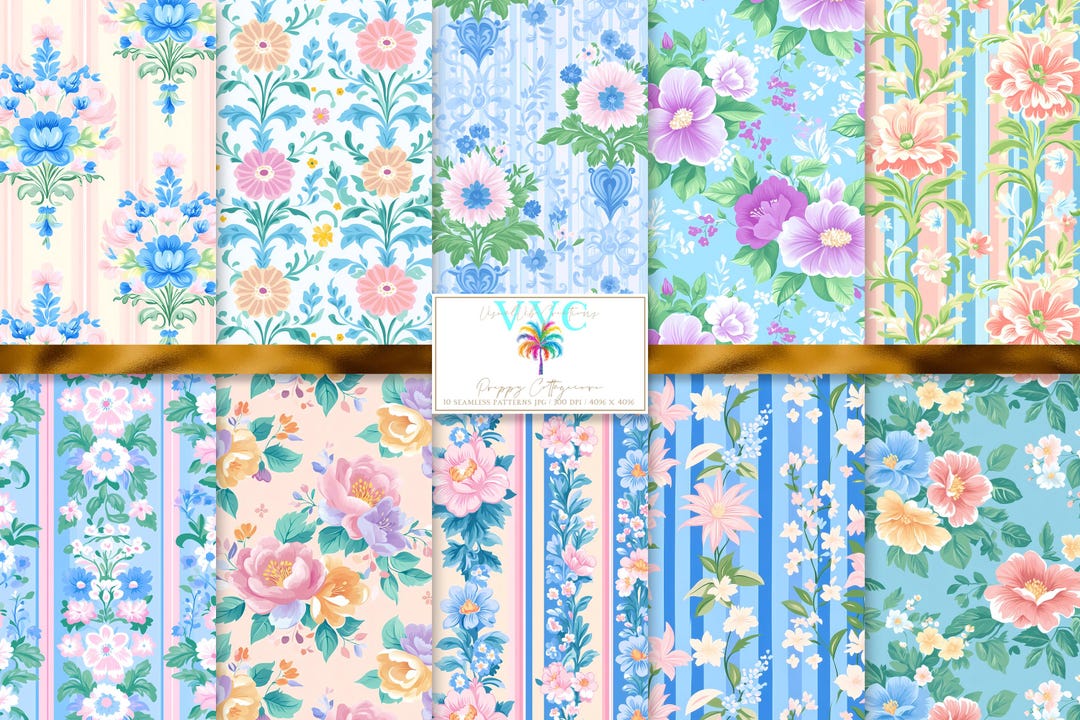 Preppy Cottagecore Digital Paper, 10 Seamless Patterns for Printable ...