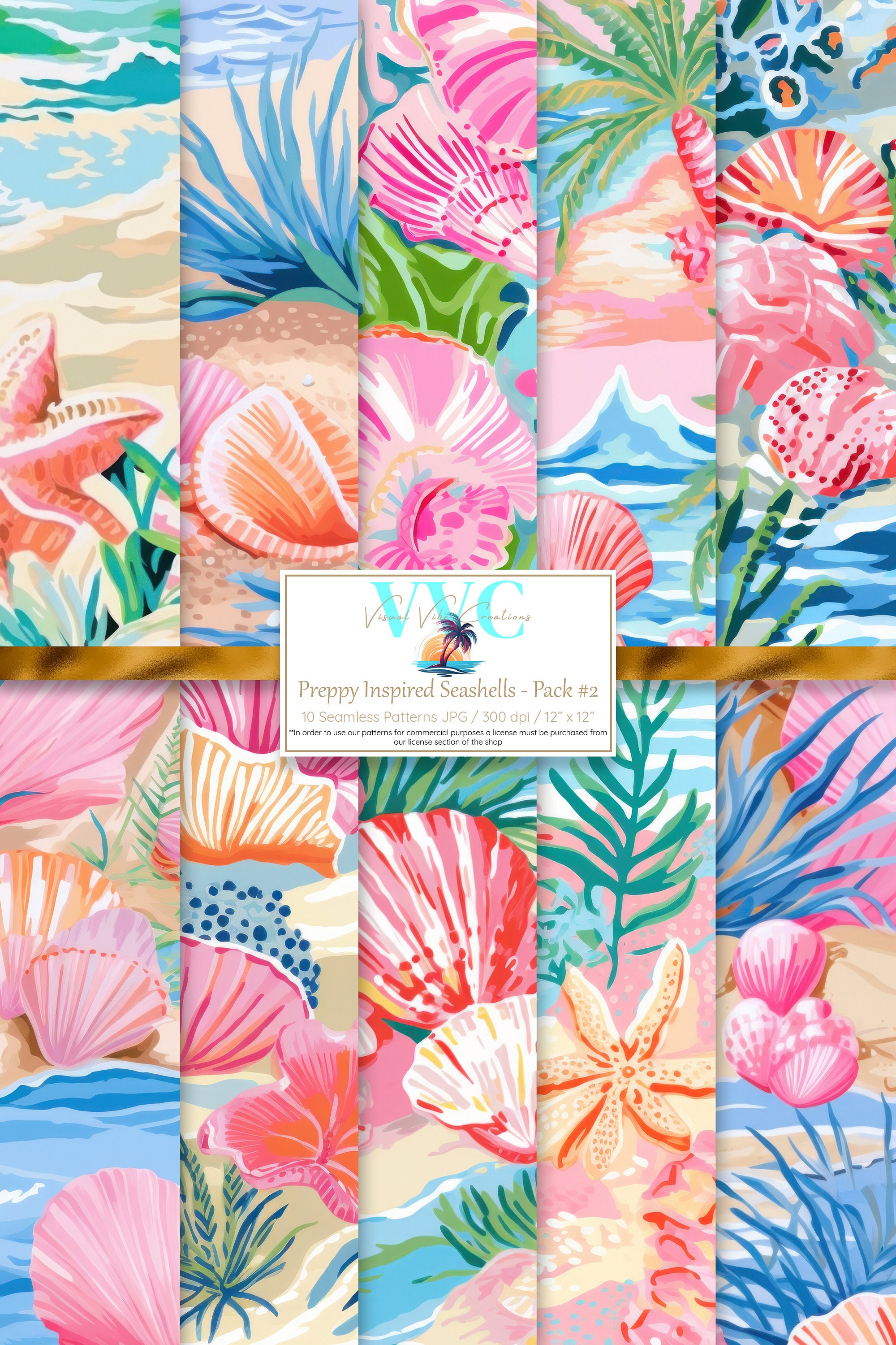 Preppy Inspired Seashells Pack 2 Digital Paper, 10 Seamless Patterns ...