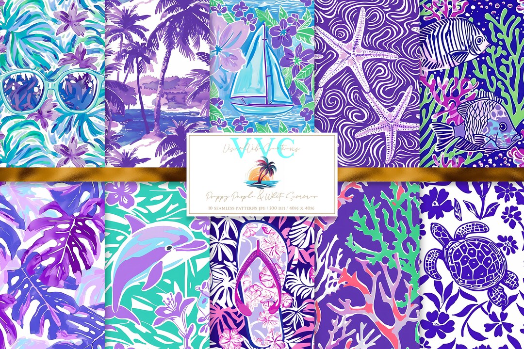 Preppy Purple & White Summer Digital Paper, 10 Seamless Patterns for ...