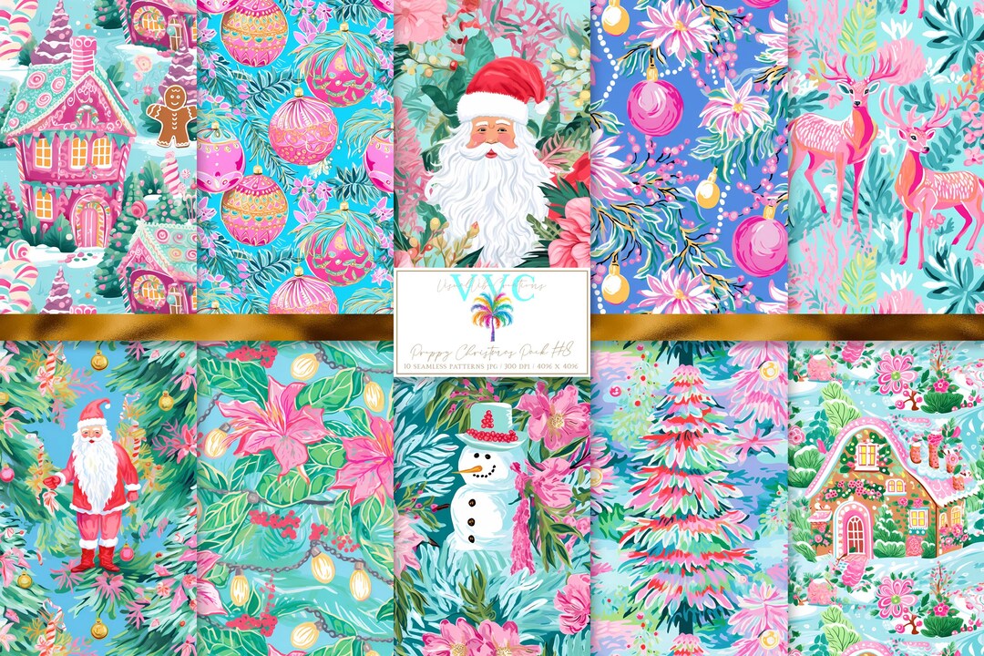 Preppy Christmas Pack #8, 10 Seamless Patterns, Pastel Holiday Trees ...