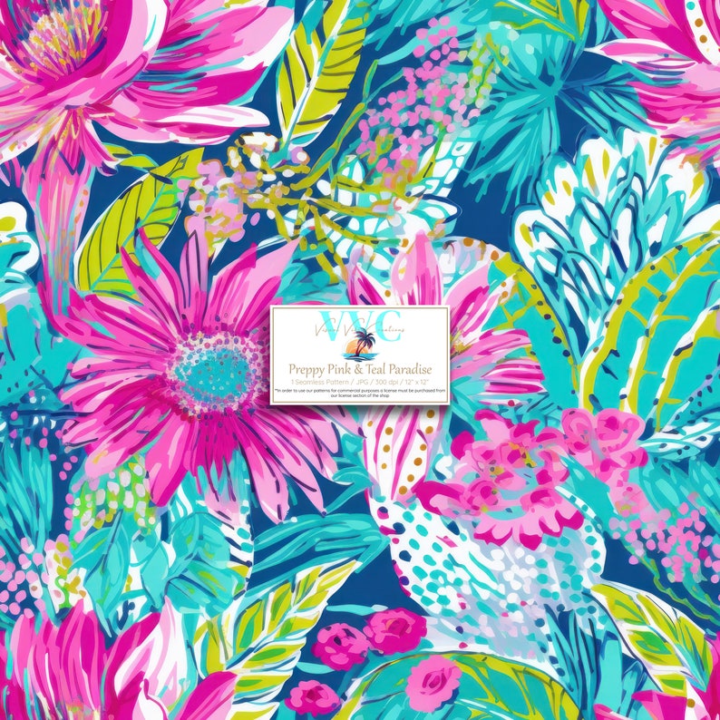 Preppy Pink & Teal Paradise Digital Paper, 1 Seamless Pattern for ...