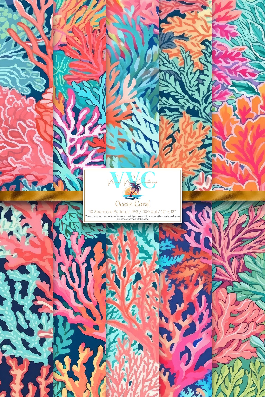 Ocean Coral Digital Paper, 10 Seamless Preppy Vibrant Tropical Patterns ...
