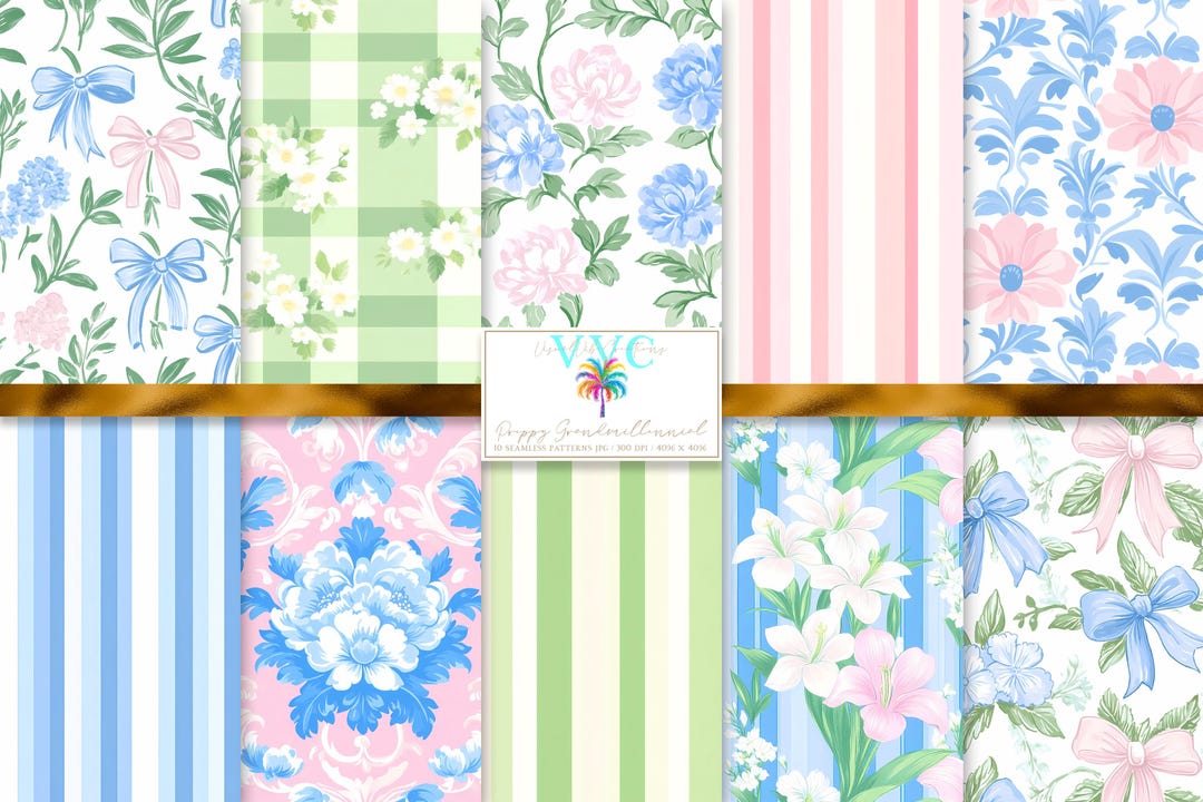Preppy Grandmillennial Digital Paper, 10 Seamless Patterns for ...