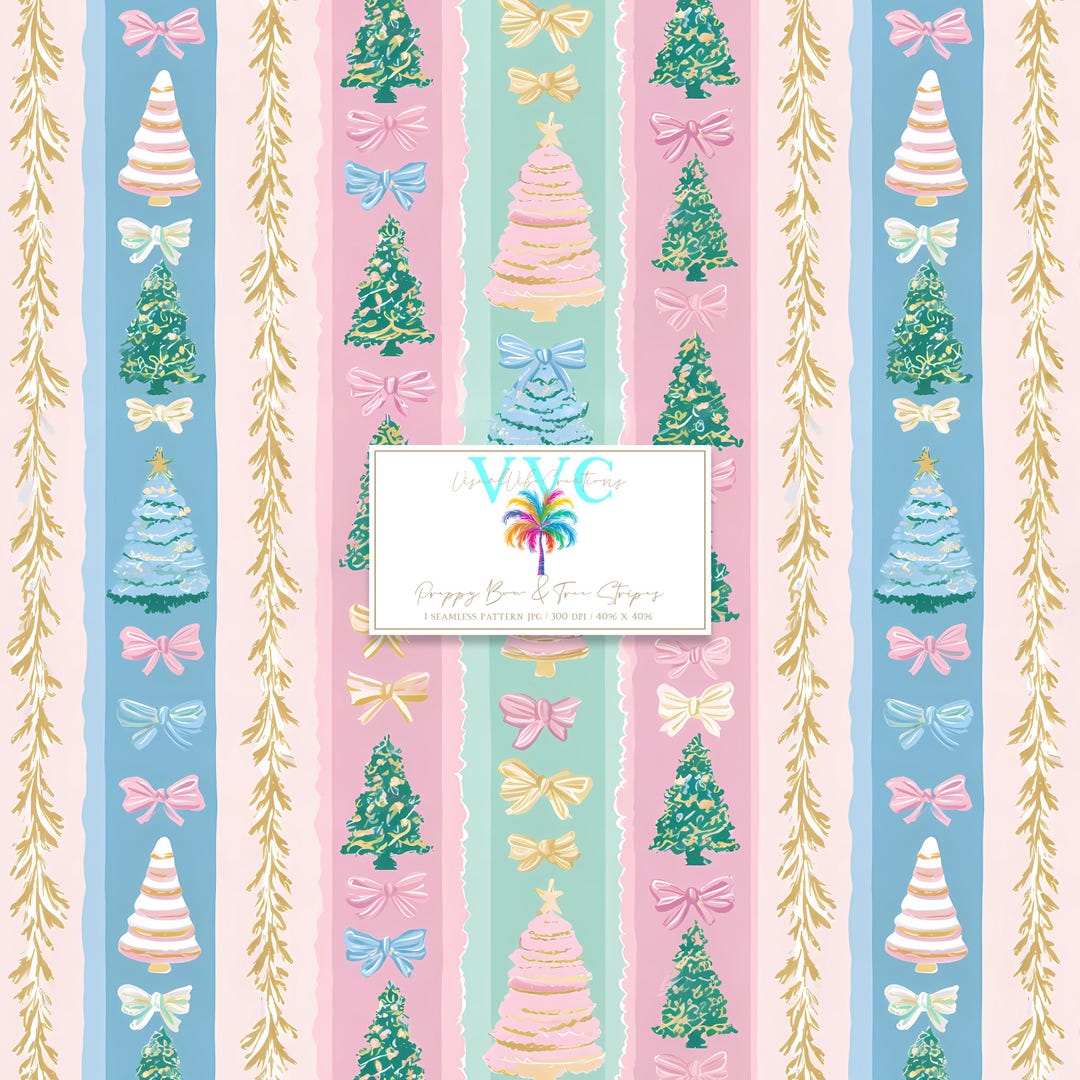 Preppy Bow & Tree Stripes, 1 Seamless Pattern, Pastel Christmas Tree ...