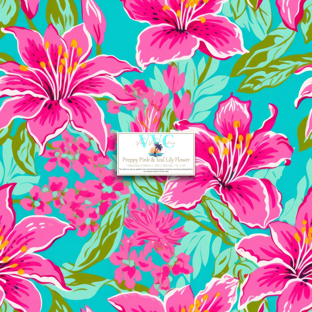 Preppy Pink & Teal Lily Flower Digital Paper, 1 Seamless Tropical ...