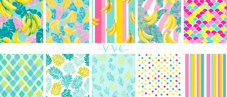 Preppy Banana Cabana, Tropical Fruit Seamless Pattern Bundle, 10 ...