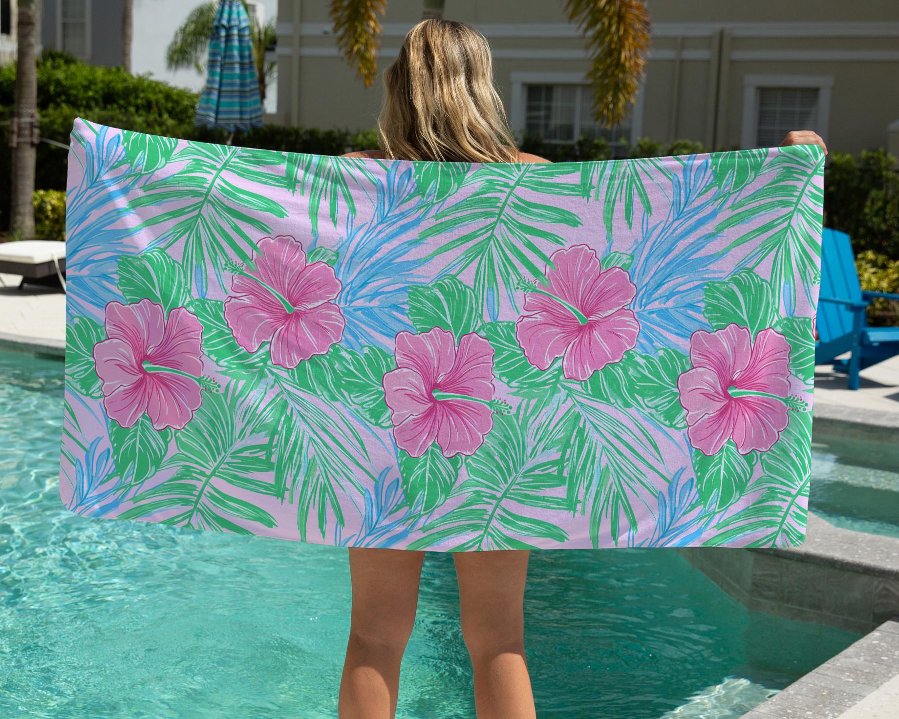 Preppy Hibiscus Breeze, 1 Tropical Pink Hibiscus and Palm Leaf Seamless ...