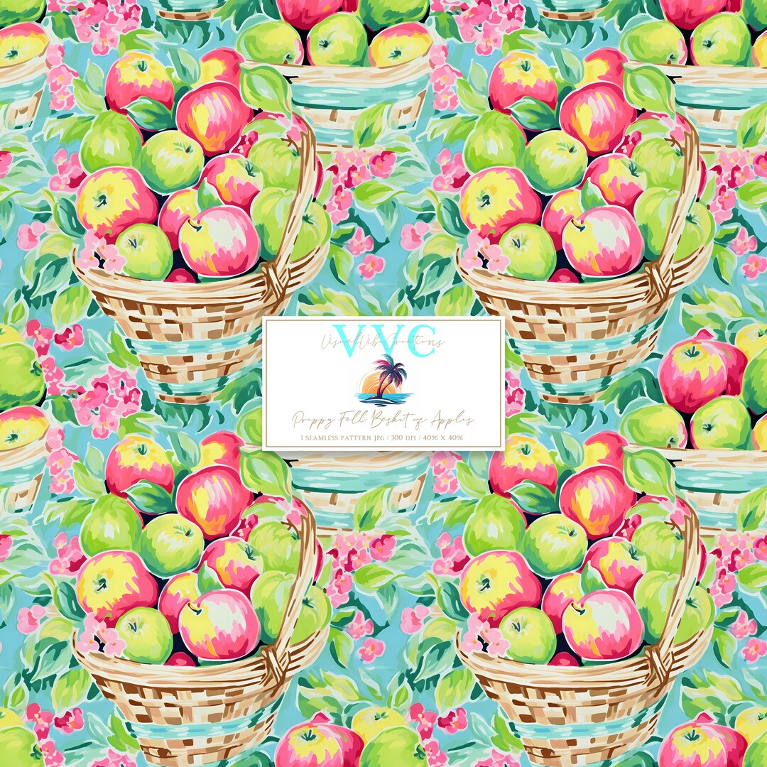 Preppy Fall Basket of Apples Digital Paper, 1 Seamless Pattern for ...