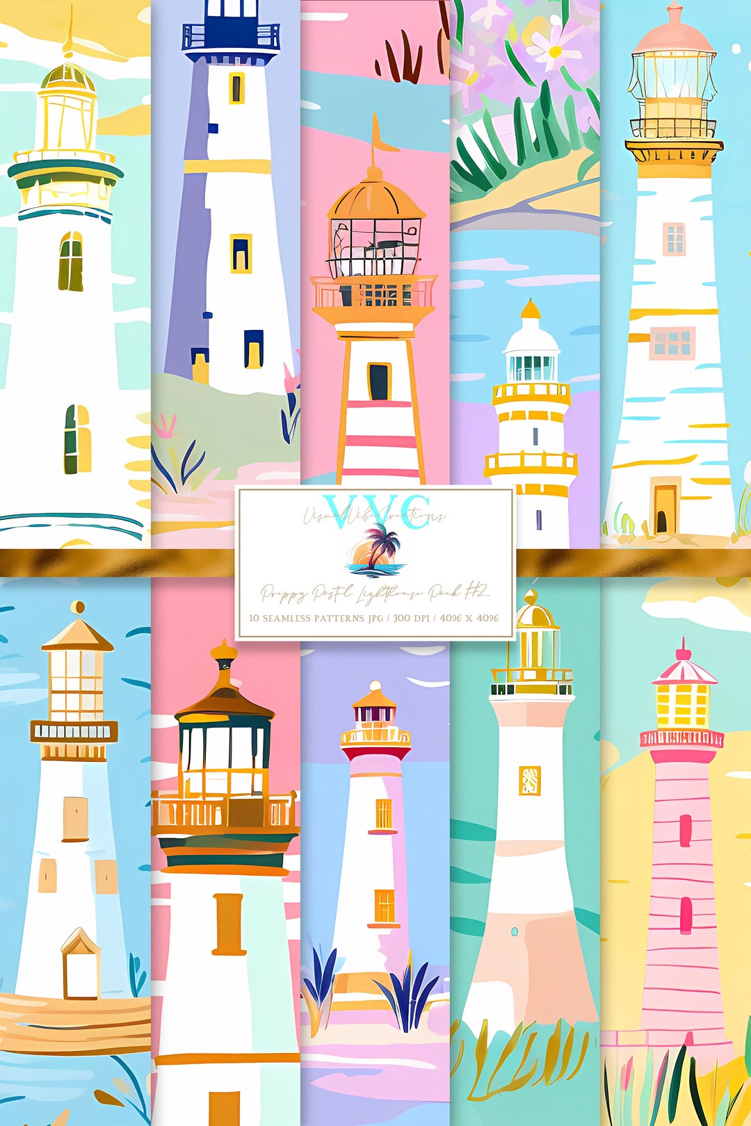 Preppy Pastel Lighthouse Pack #2 Digital Paper, 10 Seamless Patterns ...