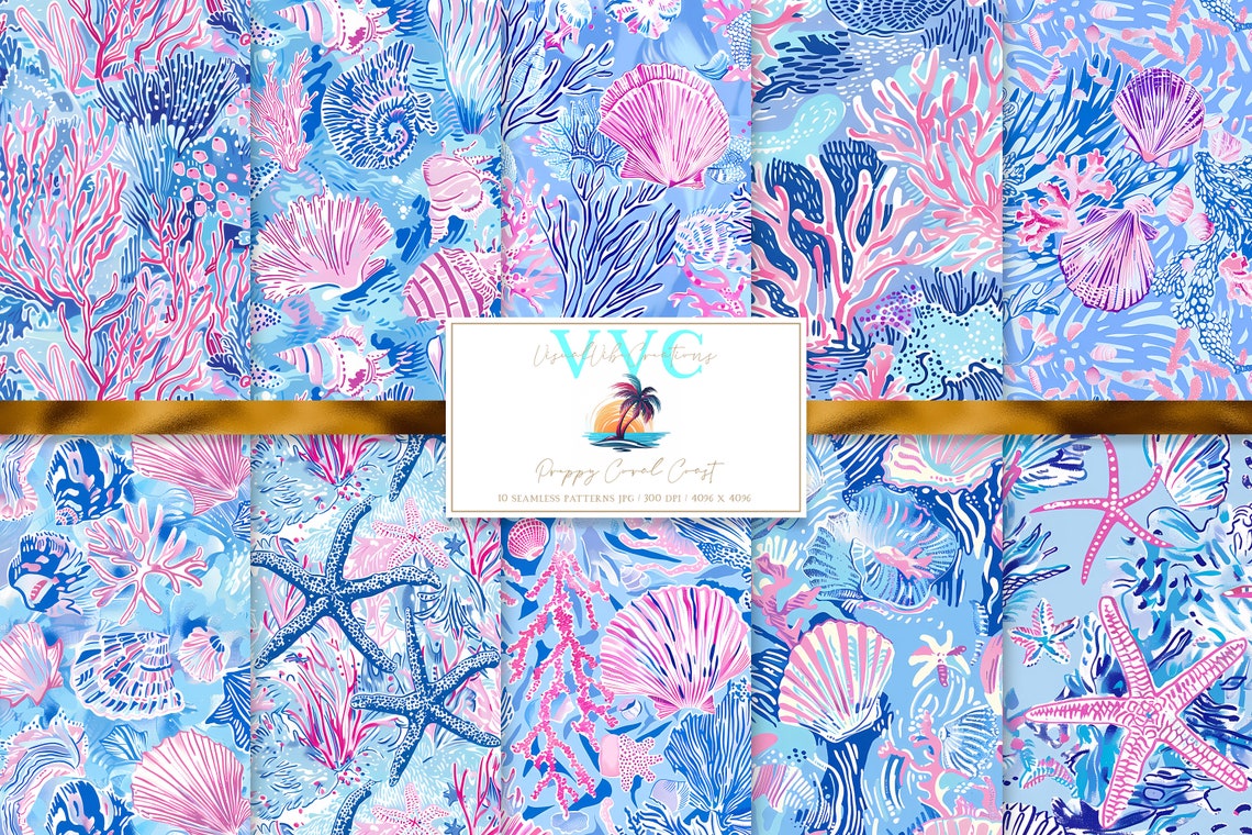 Preppy Coral Coast Digital Paper, 10 Seamless Patterns for Printable ...