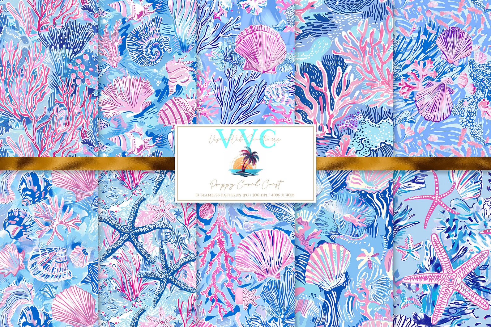 Preppy Coral Coast Digital Paper, 10 Seamless Patterns for Printable ...