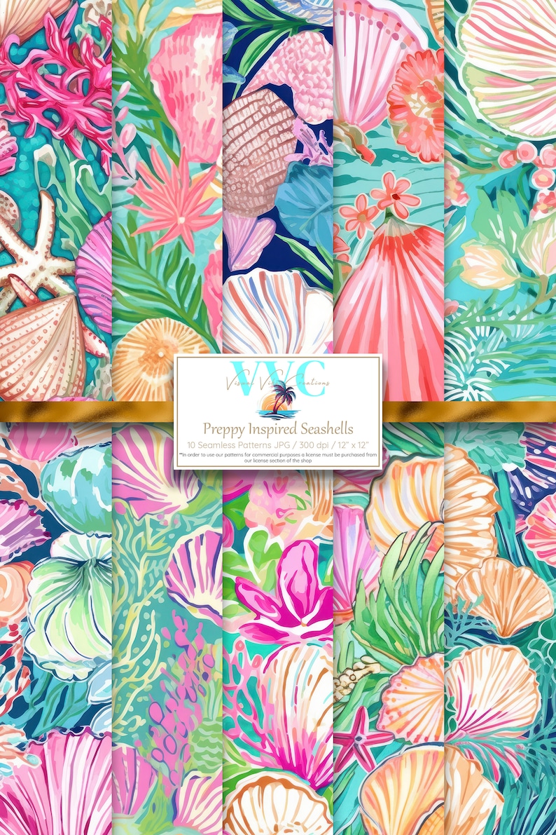 Preppy Inspired Seashells Digital Paper, 10 Seamless Patterns for ...
