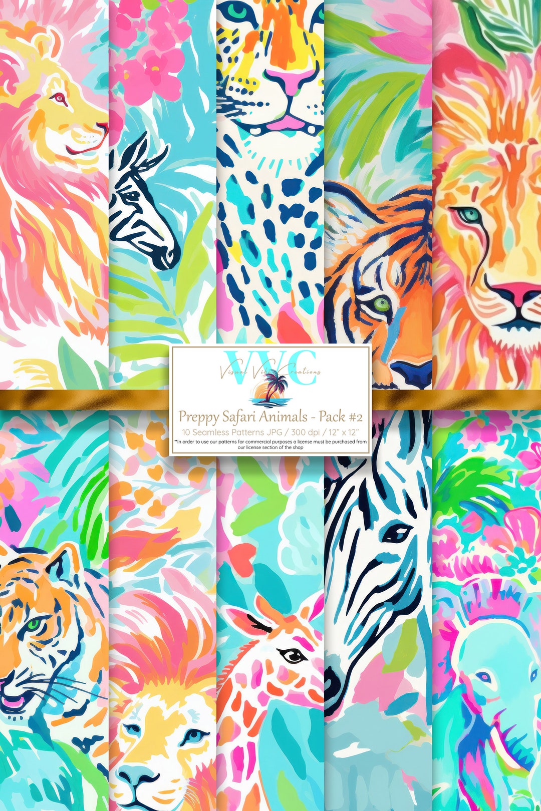 Preppy Safari Animals Pack #2 Digital Paper, 10 Seamless Preppy ...