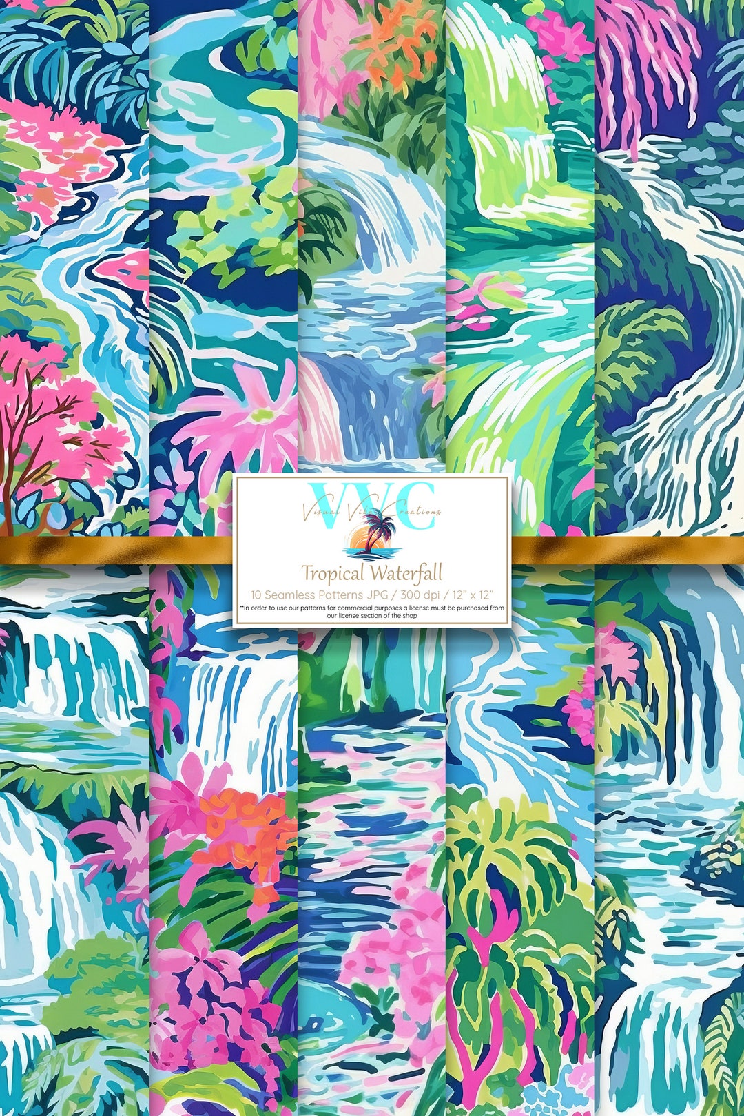 Tropical Waterfall Digital Paper, 10 Seamless Preppy Floral Patterns ...