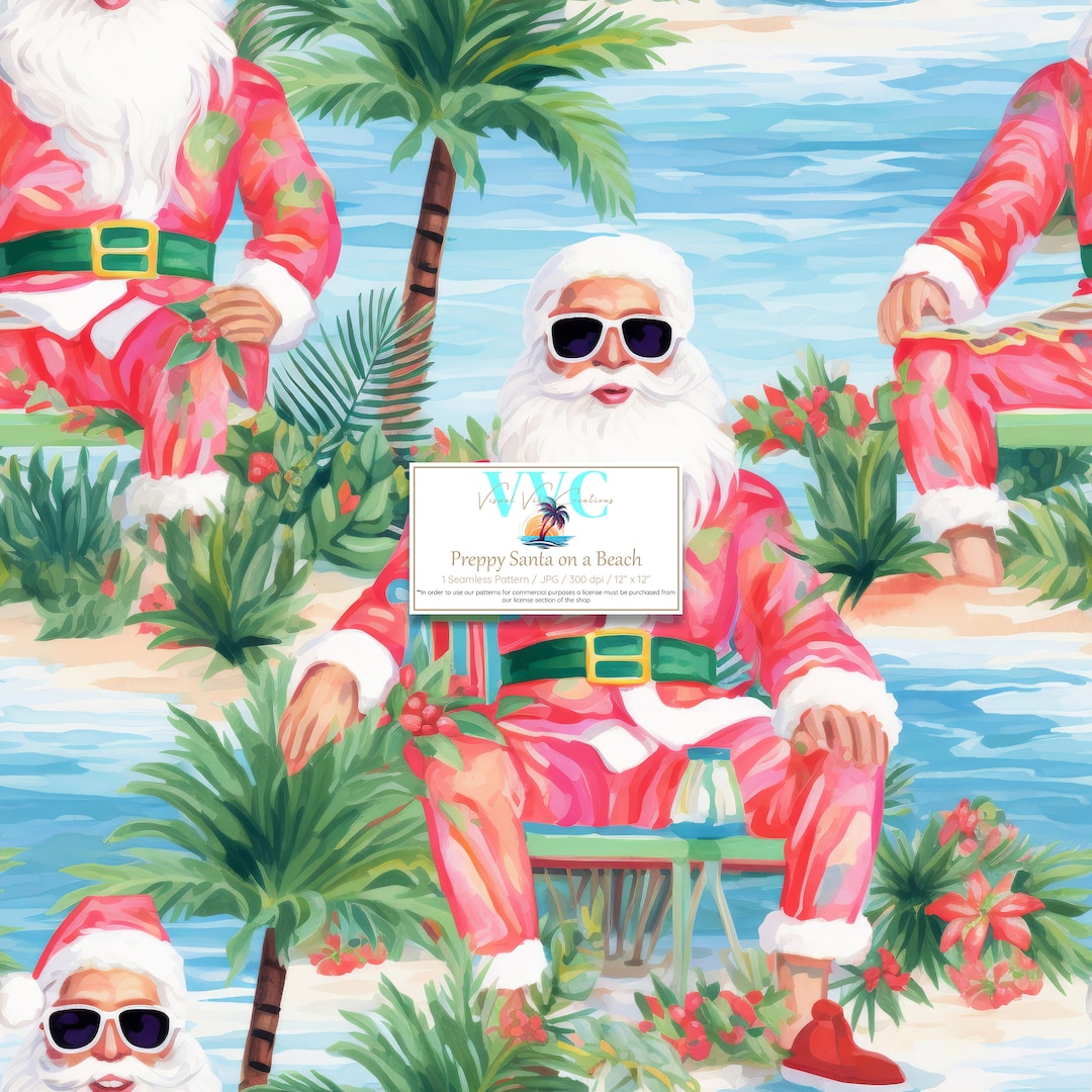 Preppy Santa on a Beach Digital Paper, 1 Seamless Tropical Pattern for ...
