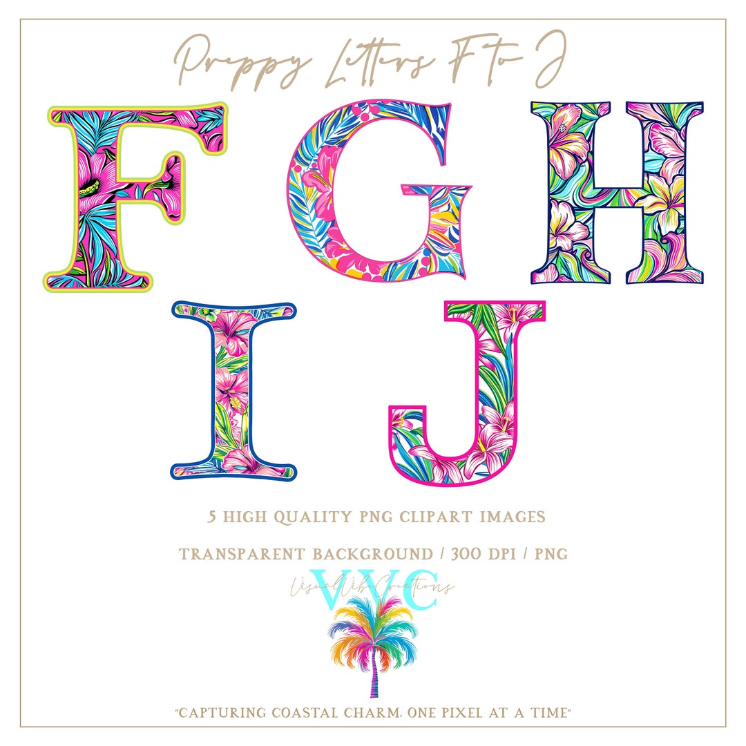Preppy Letters F - J Clip Art Pack of 5 - Transparent Background in PNG ...