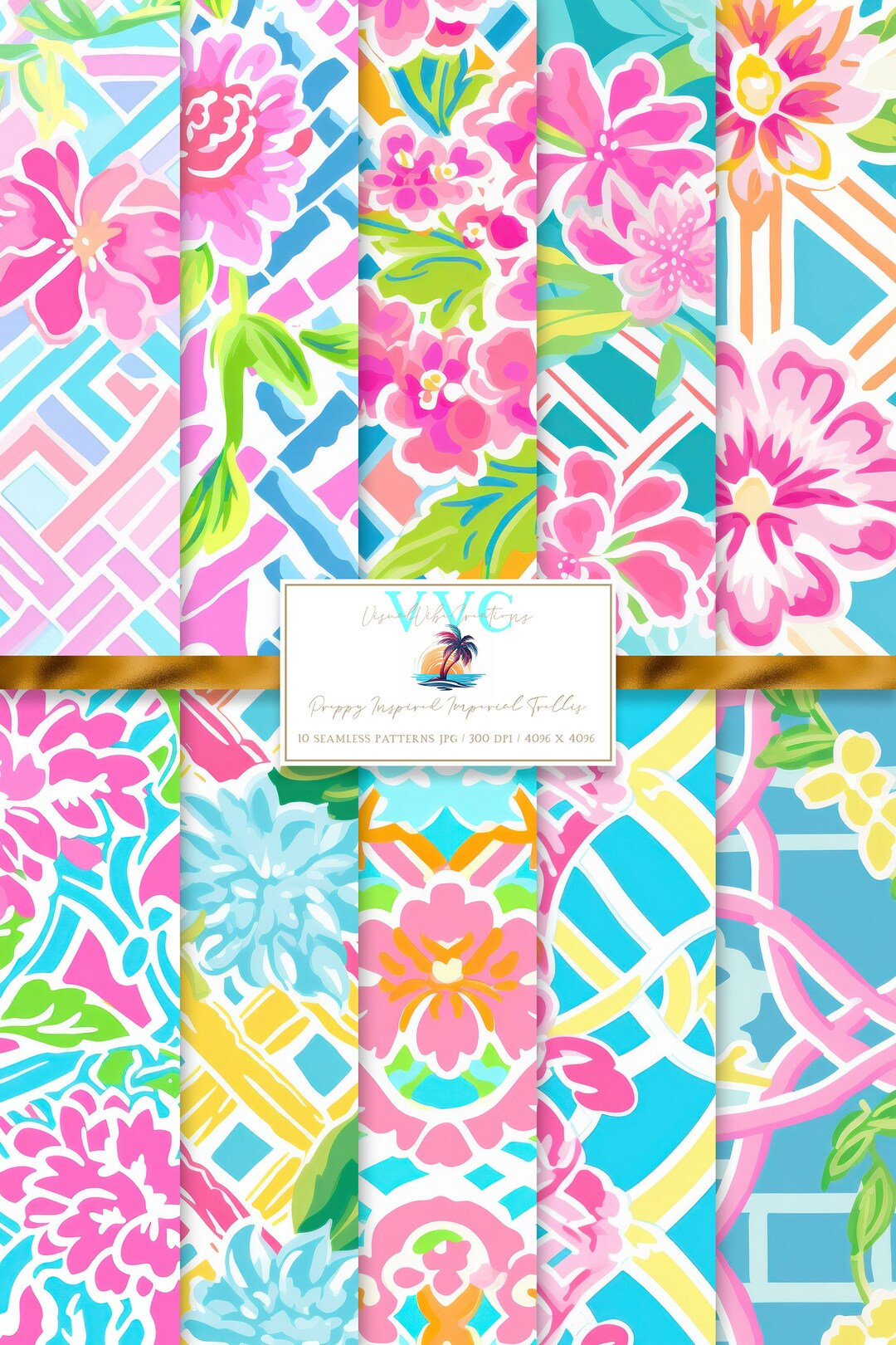Preppy Inspired Imperial Trellis Digital Paper, 10 Seamless Patterns ...