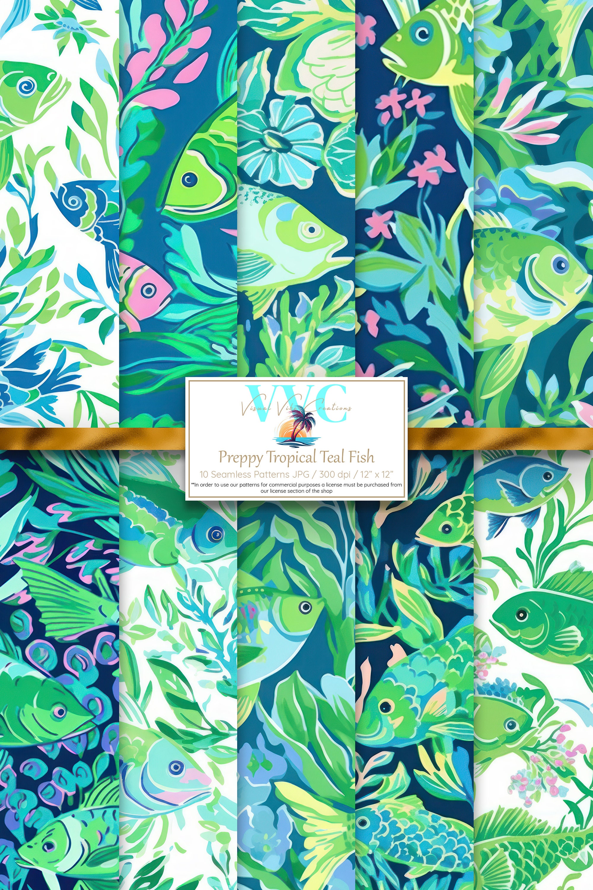Preppy Tropical Teal Fish Digital Paper, 10 Seamless Colorful Beach ...