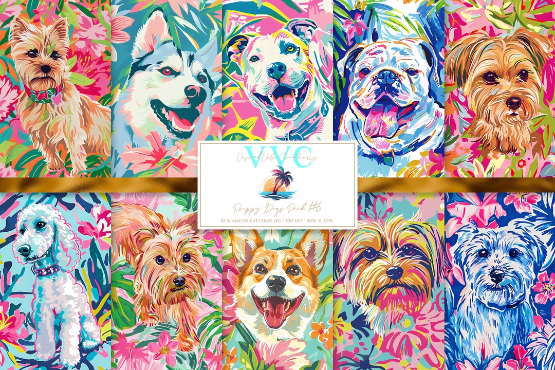 Preppy Dogs Pack #6 Digital Paper, 10 Seamless Patterns for Printable ...