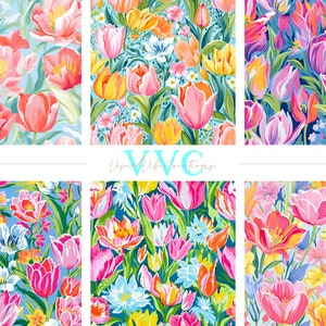 Preppy Spring Tulips Digital Paper, 10 Seamless Patterns for Printable ...