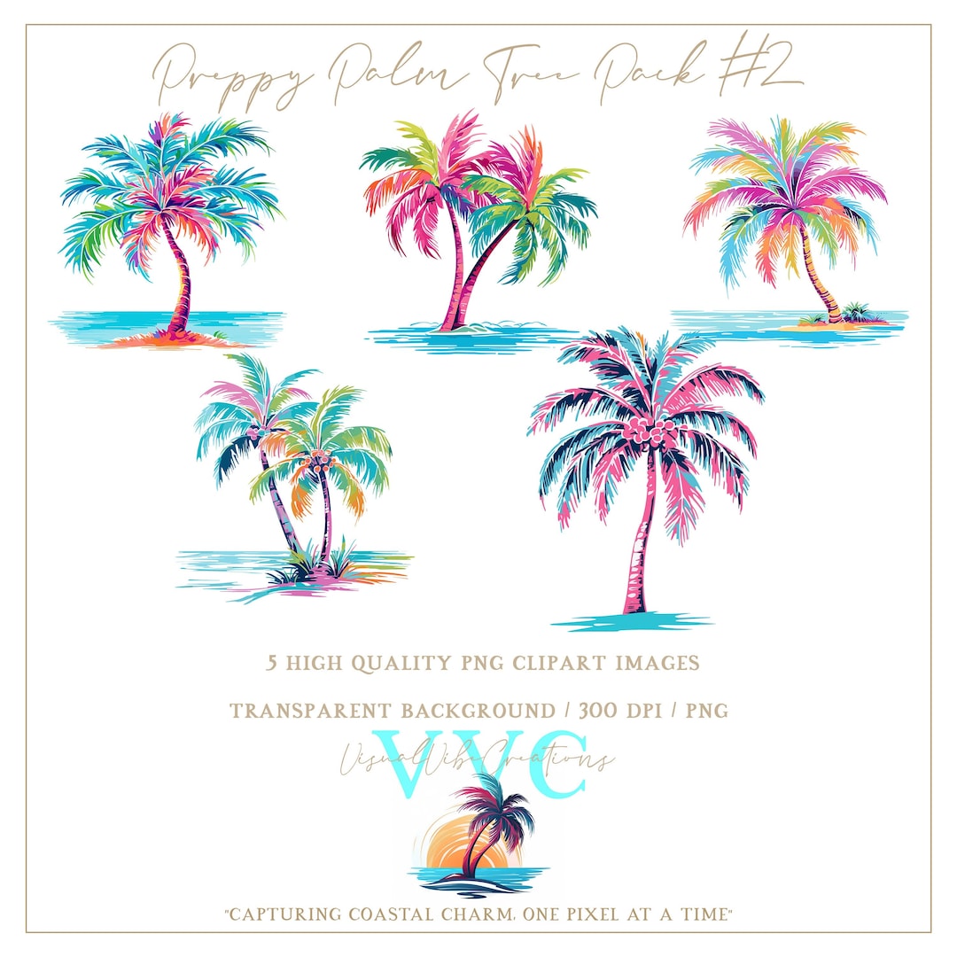 Preppy Palm Tree Pack #2 Clipart - Pack of 5 - Transparent Background ...
