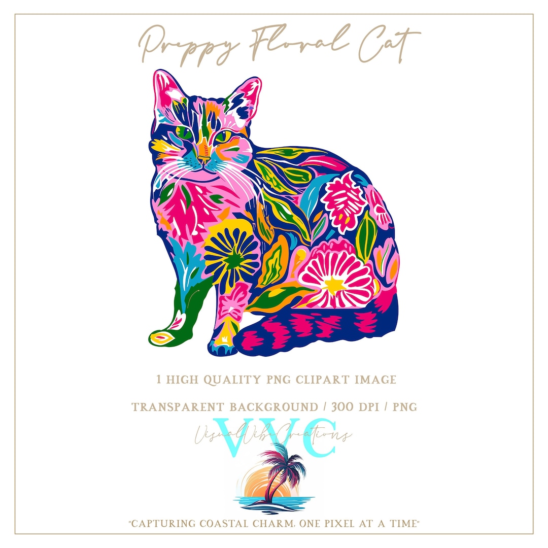 Preppy Floral Cat Clip Art - Transparent Background in PNG - Cats ...