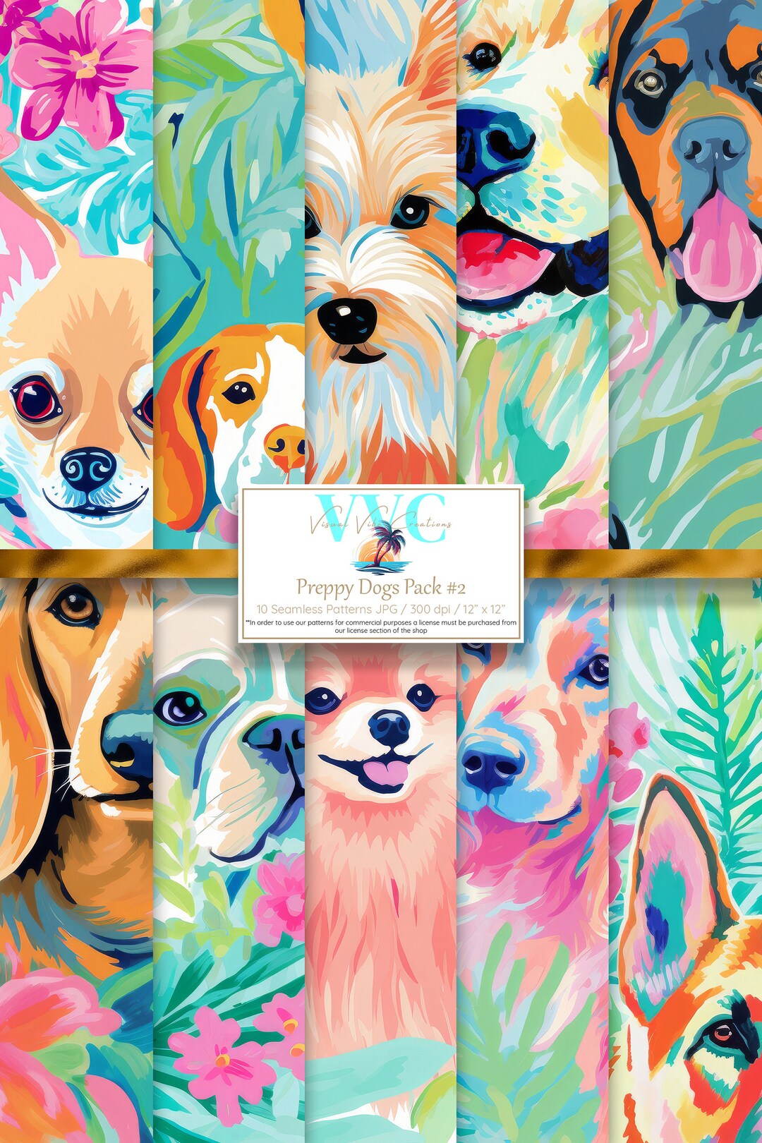 Preppy Dogs Pack 2 Digital Paper, 10 Seamless Patterns for Printable ...