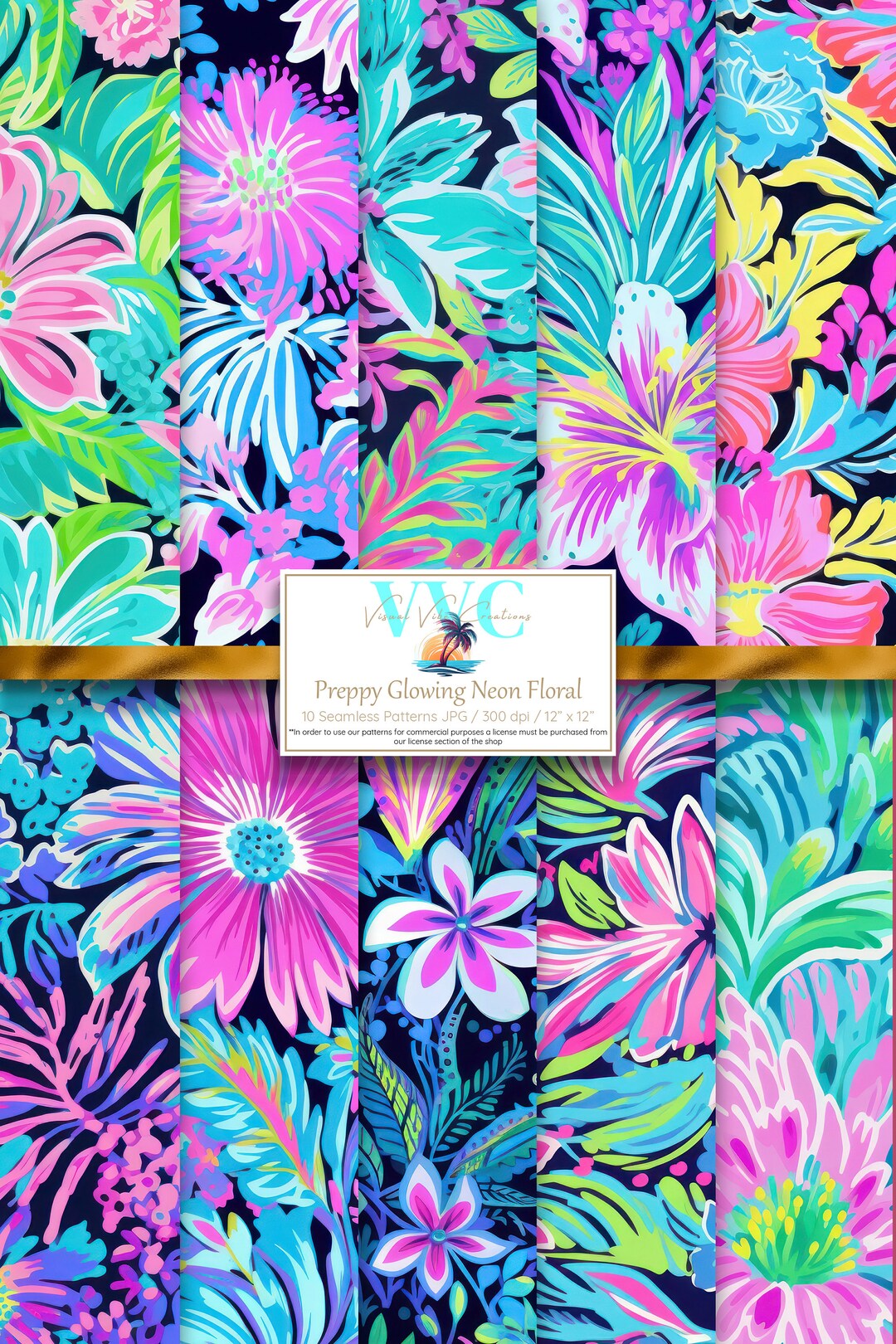 Preppy Glowing Neon Floral Digital Paper, 10 Seamless Flower Patterns ...