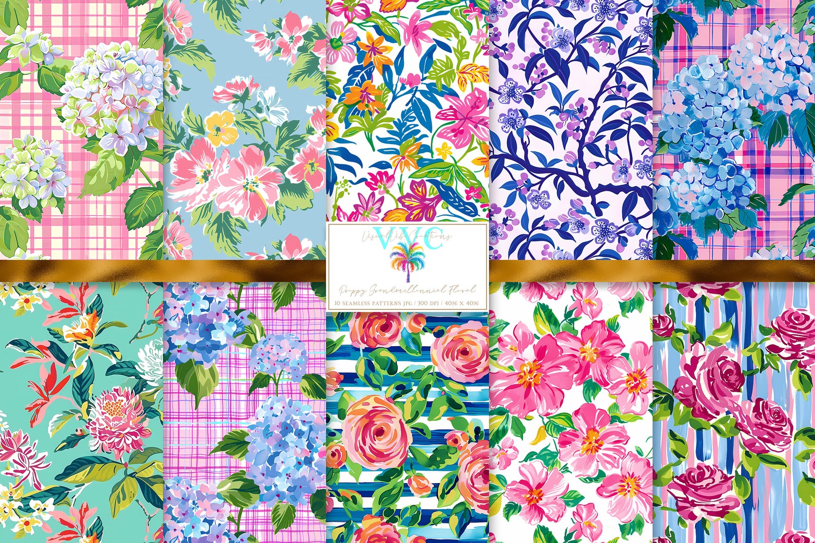 Preppy Grandmillennial Floral Digital Paper, 10 Seamless Patterns for ...