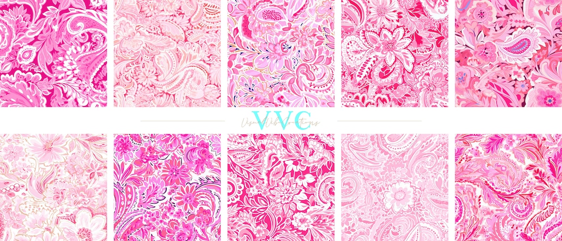 Preppy Inspired Pink Paisley Digital Paper, 10 Seamless Patterns for ...