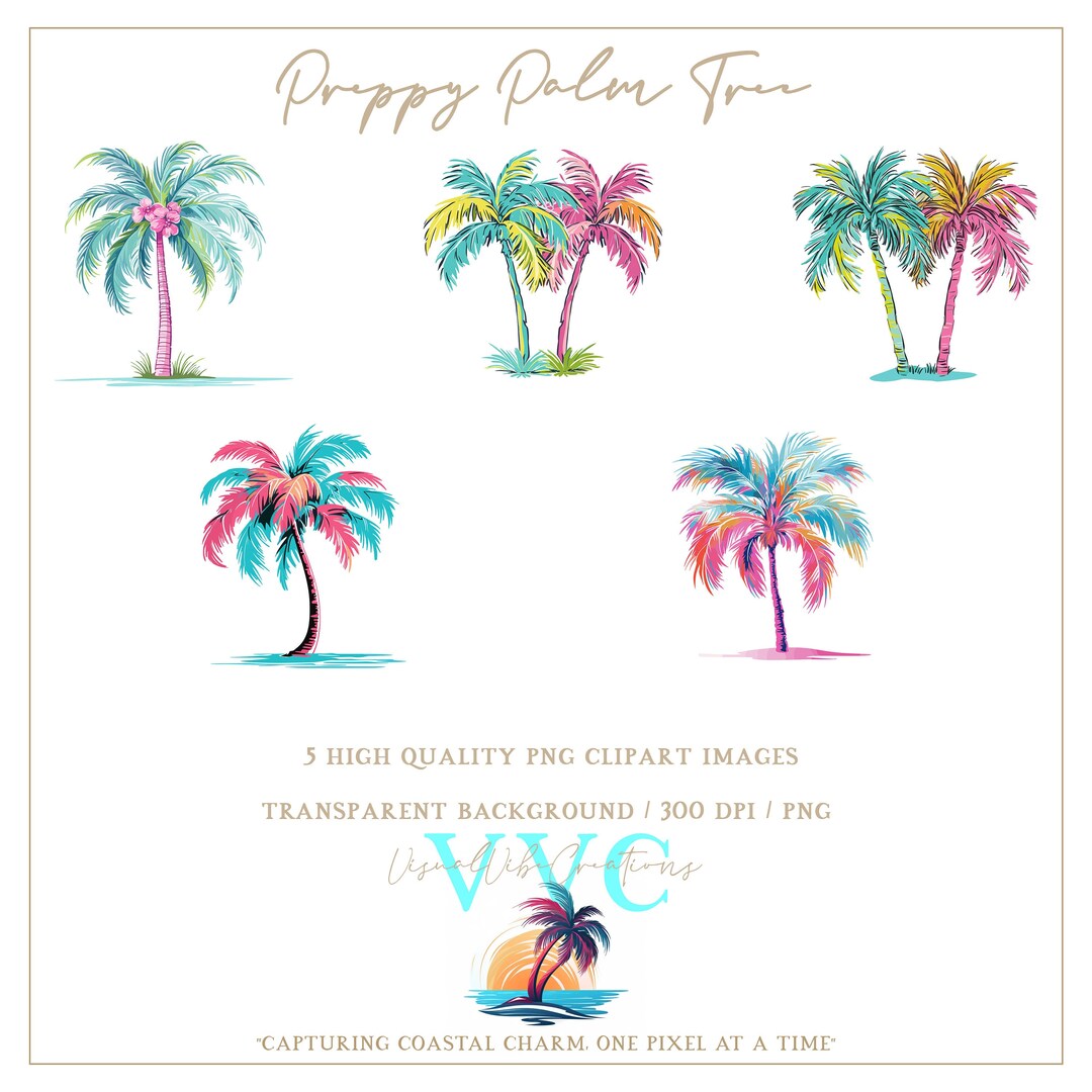 Preppy Palm Tree Clipart Pack of 5 - Transparent Background in PNG ...