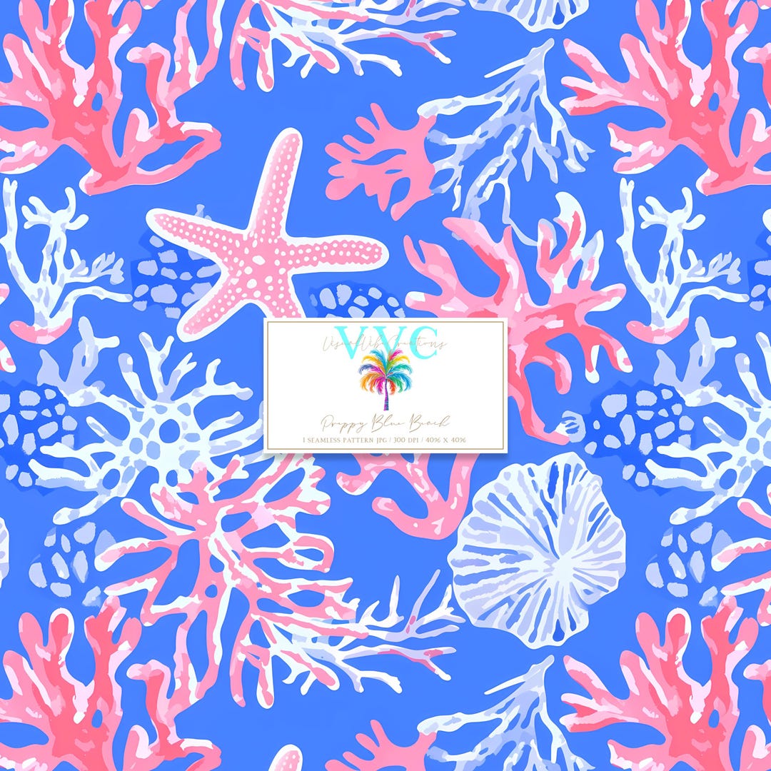 Preppy Blue Beach Digital Paper – 1 Seamless Coral & Starfish Pattern ...