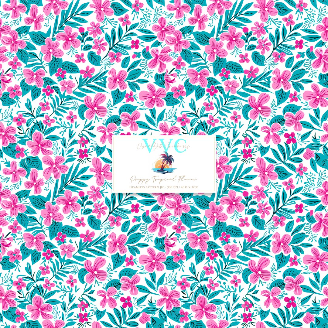 Preppy Tropical Flower Digital Paper, 1 Seamless Pattern for Printable ...