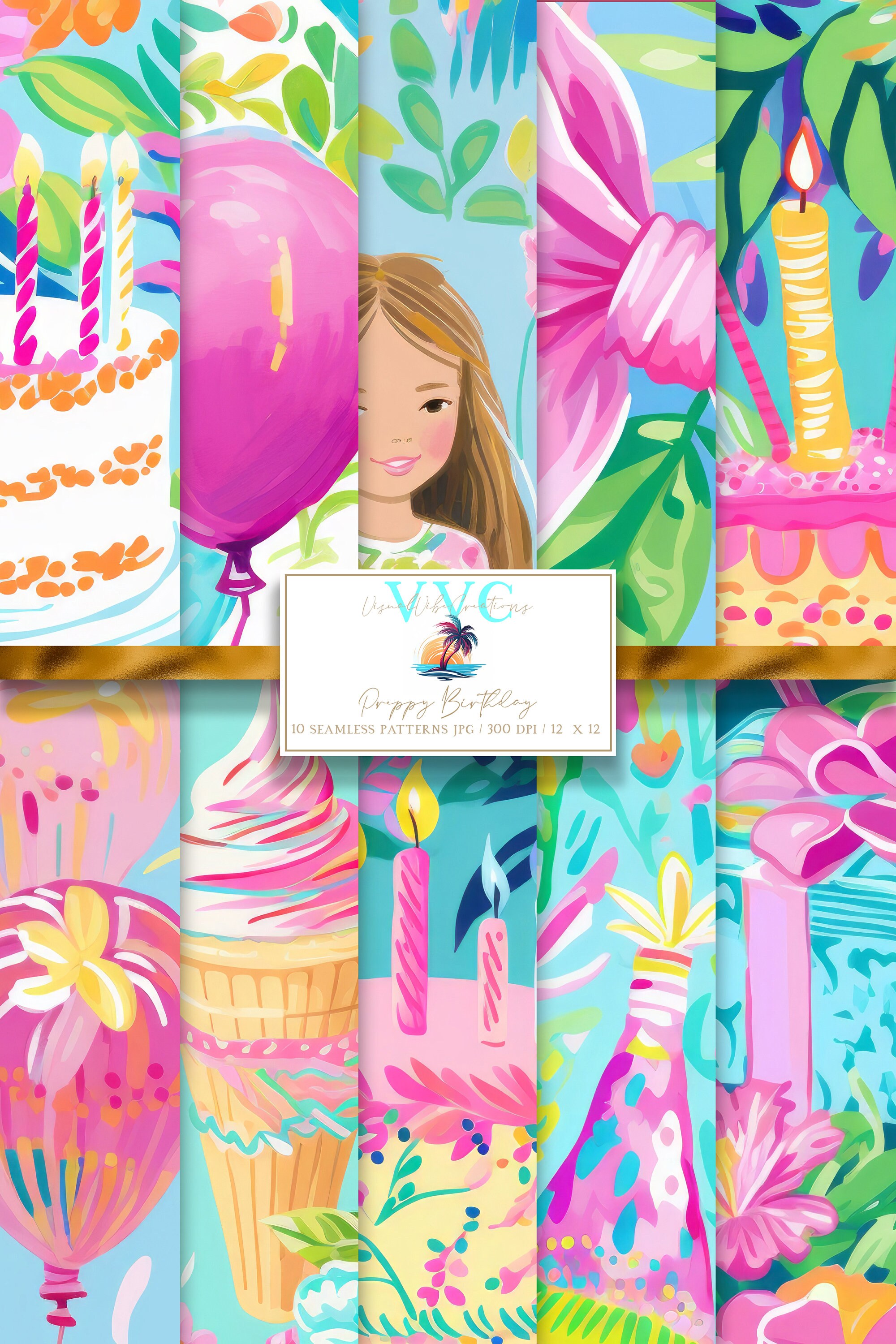 Preppy Birthday Digital Paper, 10 Seamless Patterns for Printable ...